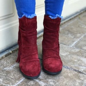 Anthropologie | Shoes | Leather Red Wine Boho Fringe Tall Ankle Boots ...